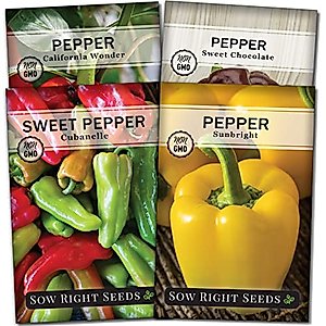 Sow Right Seeds - Sweet Bell Pepper Seed Collection for Planting - Packets of Cubanelle, Sunbright, California Wonder, Sweet Chocolate Bell, Non-GMO Heirloom Seeds to Plant a Home Vegetable Garden
