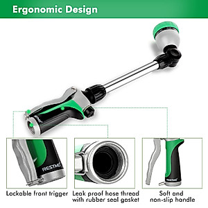 RESTMO Metal Watering Wand, Heavy Duty Garden Hose Wand with 180° Swivel Ratcheting Head, 16-Inch Hose Nozzle Sprayer with 7 Spray Patterns and Flow Control, Ideal to Water Hanging Baskets and Shrubs