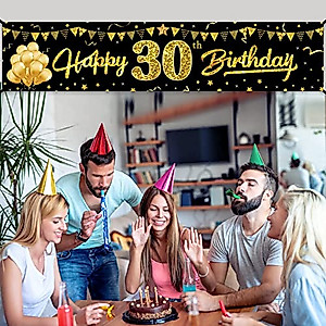 Happy 30th Birthday Banner Decorations for Him, Thirty Birthday Sign Party Supplies for Men Women, Black Gold 30 Birthday Party Decor Outdoor Indoor