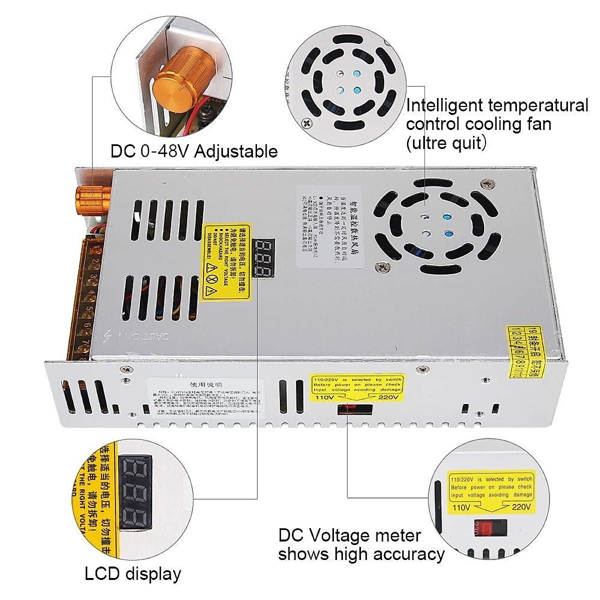 Adjustable DC Power Voltage Converter AC 110V-220V to DC 0-48V 10A Module Switching Power Supply Digital Display 480W Voltage Regulator Transformer Built in Cooling Fan