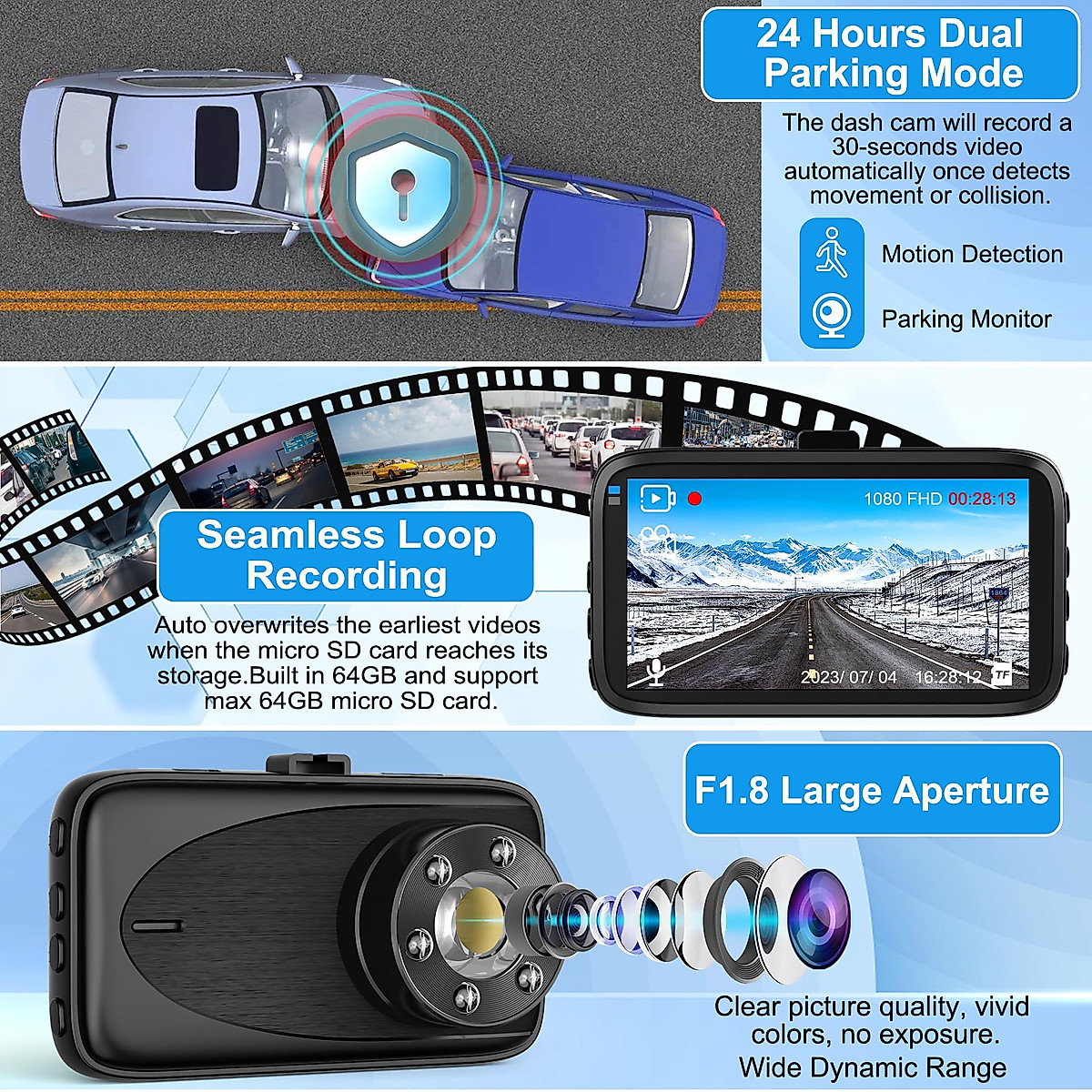 Dash Cam Front, Lnkful Dash Camera for Cars with 64GB SD Card, 1080P FHD Car Dashboard Camera Recorder with 3'' IPS Screen, Night Vision, 170° Wide Angle, Loop Recoding, G-Sensor, Parking Monitor