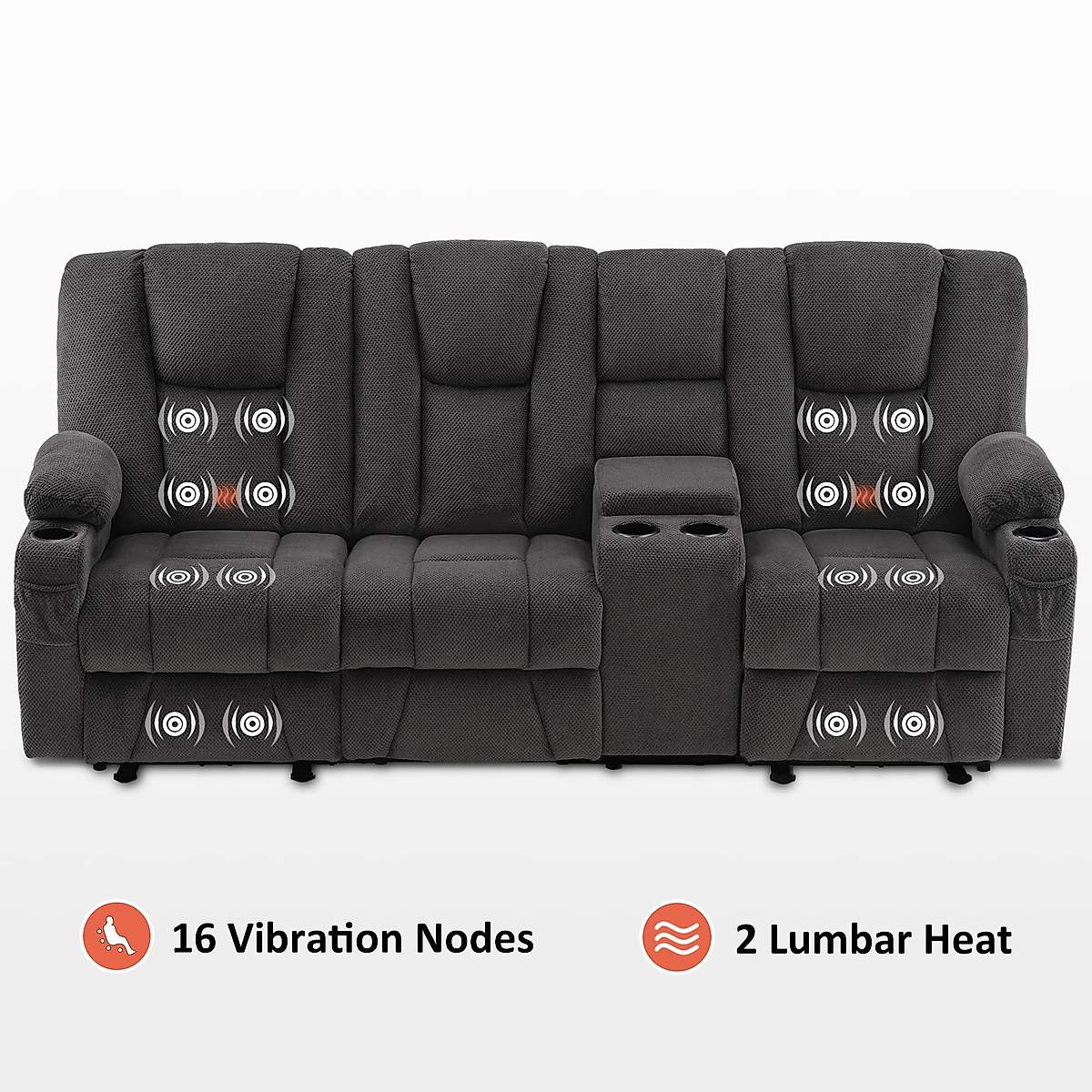 MCombo Power Reclining Sofa with Heat and Vibration,USB Ports, Cup Holders,3-Seat Dual Recliner Sofa with Console for Living Room 6035 (Grey)