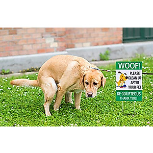 WaaHome Pack of 2 Double Sided Woof Please Clean Up After Your Pet Yard Signs with Stakes, 8"X12" Funny No Poop Pee Dog Yard Sign Lawn Sign