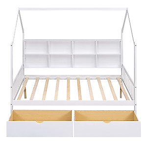 Harper & Bright Designs Full Size House Bed with Storage Drawers & Shelves, Montessori Bed Full Platform Bed Frame with Roof, Tent Bed, Solid Wood Playhouse Bed for Kids Teens Girls Boys (White)