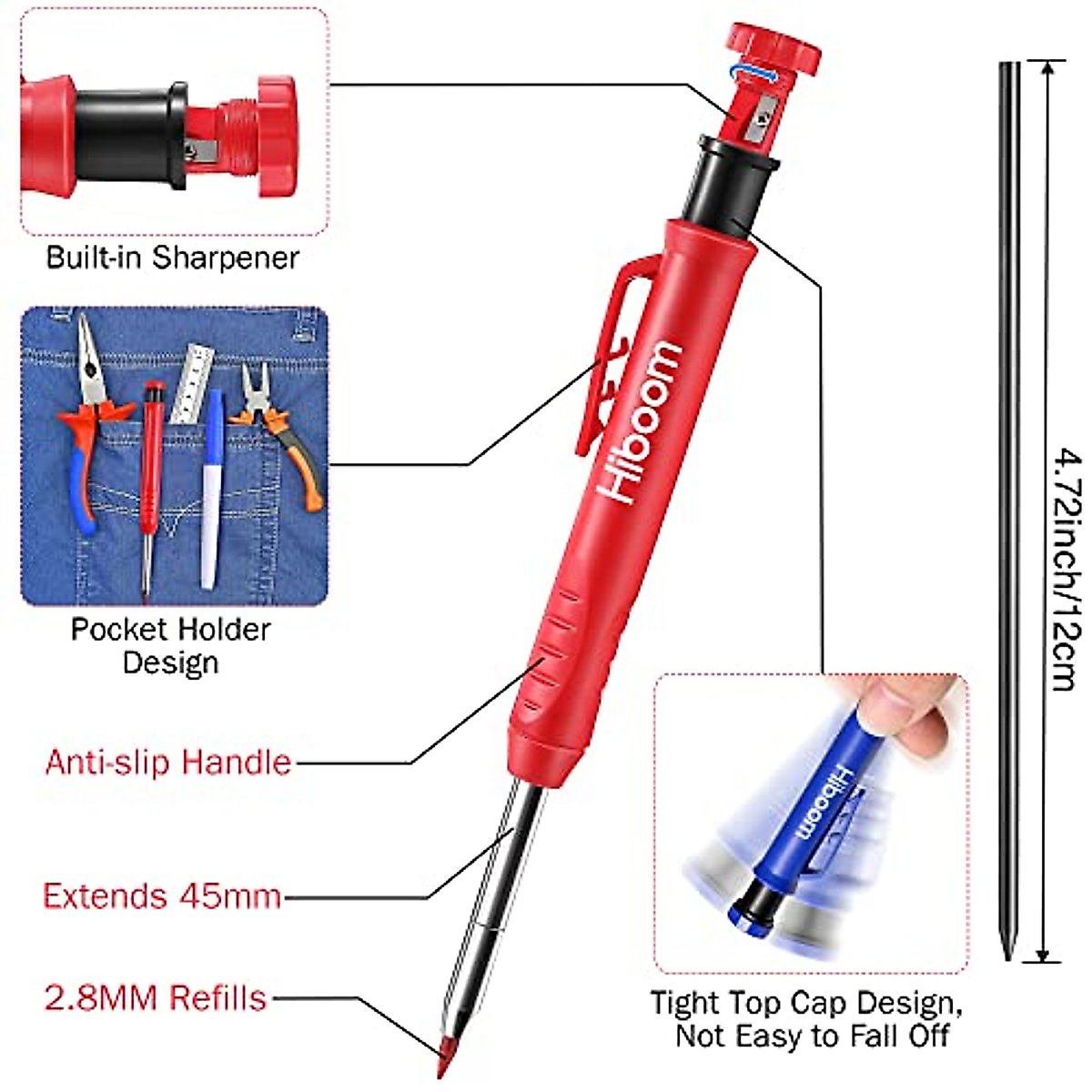 Mechanical Carpenter Pencil Set, 3 Pcs Woodworking Pencil with Built in Sharpener and 12 Pcs Refills, 3 Pcs Long Nose Deep Hole Marker Pen, Scriber Marking Tools for Architect (Red, Black, Blue)