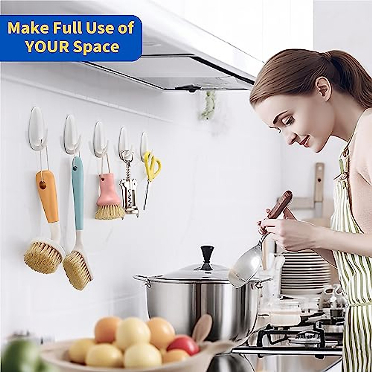 ALOCEO 12 Pcs Wall Hooks,Self Adhesive Hooks with 13 Clear Strips,White Plastic Sticky Hooks for Hanging,Towel Coat Hooks for Bathroom Shower Kitchen Keys Door Outdoor Home Improvement