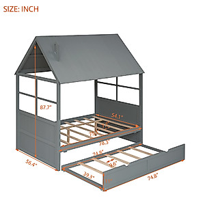 BIADNBZ Full Size House Bed with Twin Trundle, Wooden Platform BedFrame Daybed w/Roof&Window for Kids Boys Girls Bedroom, Gray