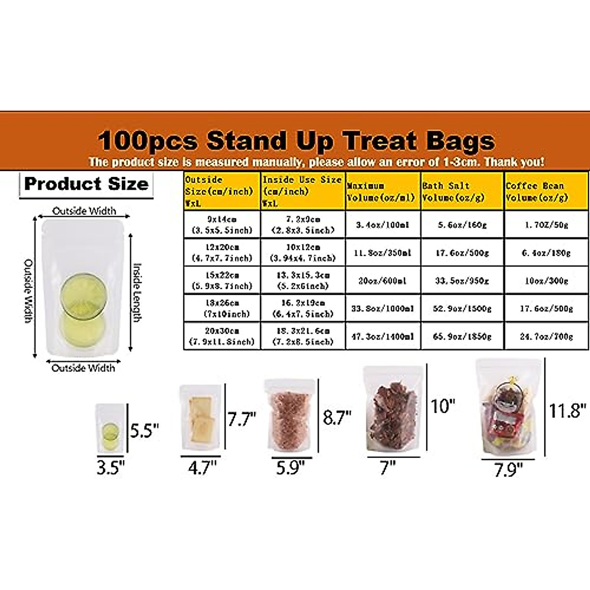 100Pcs Stand Up Pouches, Matte Resealable Bags, Heavy Plastic Ziplock Coffee Bag, Food Snacks Treats Bag, 3.5 x 5.5 inch