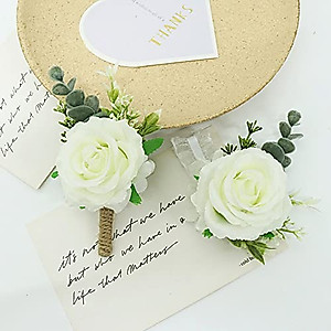 White Ivory Wrist Corsage and Boutonniere Set Bride Bridesmaid Hand Flower Corsage Wristlet Men Boutonniere for Wedding Party Prom Decorations