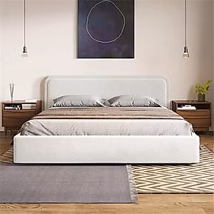 Omax Decor Chloe Upholstered Platform Bed | Box Spring Not Required | (White Boucle, King Bed Frame)