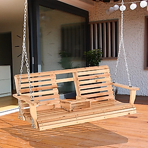 VcJta Wooden Porch Swing BENCH Folding Table - 3-Seater Outdoor Furniture Chains PU Coating Weatherproof