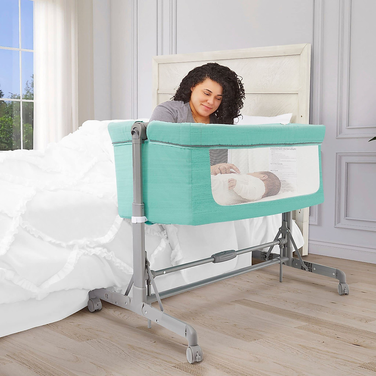 Dream On Me Zimal Bassinet and Bedside Sleeper in Mint, Lightweight and Portable Baby Bassinet, Breathable Mesh Panels, Easy to Fold and Carry Travel Bassinet, JPMA Certified