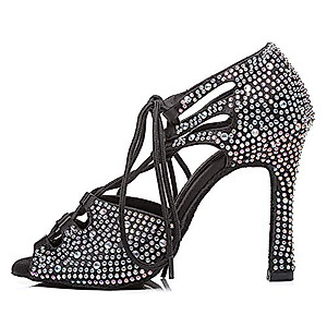 HROYL Women Latin Dance Shoes with Rhinestones Ballroom Performence Wedding Party Dance Heels,YCL425-Black-9,US9.5