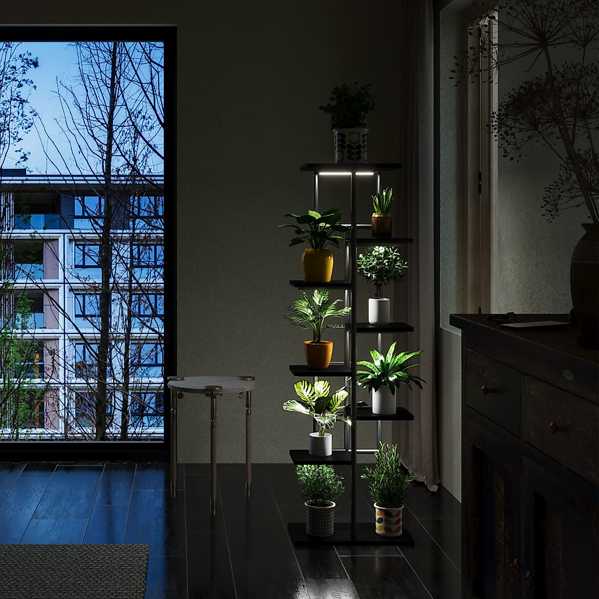 Solatmos Metal Plant Stand with Grow Lights Multiple Wood Flower Planter Pot Holder Shelf Rack Display for Patio Garden Corner Balcony Living Room