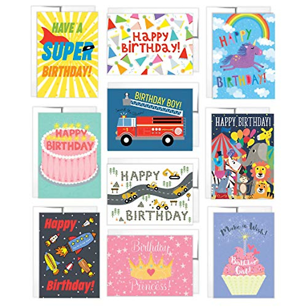 Tiny Expressions - 10 Kids Birthday Cards with Inside Messages and Envelopes