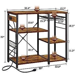 SUPERJARE Kitchen Bakers Rack with Power Outlet, Coffee Bar Table Station, Microwave Stand with 6 S-Shaped Hooks, Wire Basket, Storage Shelf - Rustic Brown