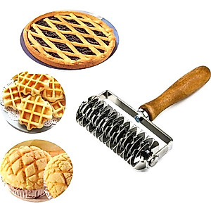 Hosmide Kitchen Baking Dough Cookie Pie Pizza Pastry Lattice Roller Cutter Baking Tool - Stainless Steel - Wood handle