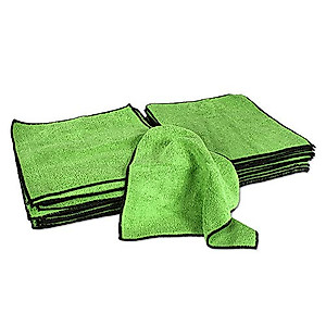 Eurow Microfiber Cleaning Towels, 350GSM, Green with Black Trim, 12 by 12 Inches, Pack of 50