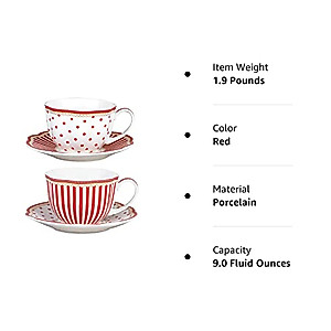 Grace Teaware Red Dot Stripes Scallop 9-Ounce Porcelain Tea/Coffee Cup and Saucer, Set of 2 (G1960264RD-2)