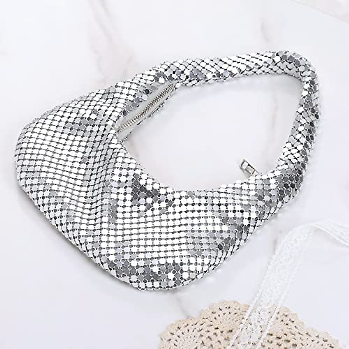Rejollly Sequins Purse Sparkly Bling Hobo Handbag Under Arm Clutch Purse for Women Evening Bag for Prom Cocktail Party Wedding Silver