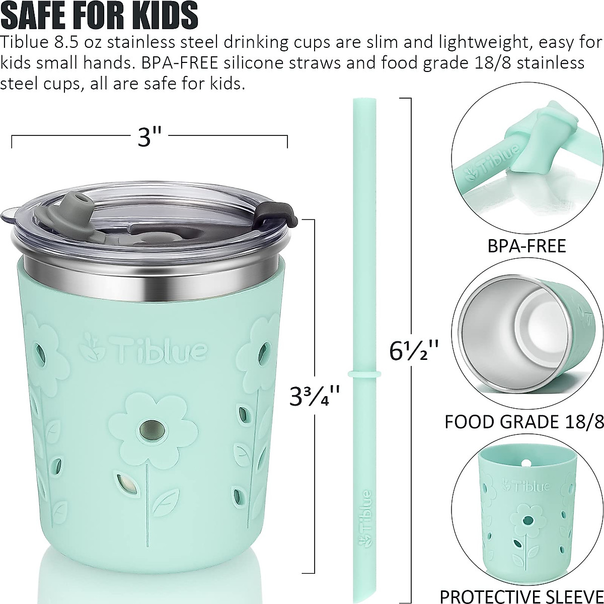 Tiblue Kids & Toddler Cups - 4 Pack 8oz Spill Proof Stainless Steel Tumblers with Leak Proof Lids, Silicone Straw with Stopper & Sleeve - BPA FREE Snack Smoothie Drinking Cup for Baby Girls Boys