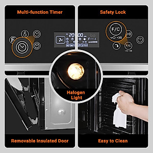 AAOBOSI Single Wall Oven, 24 Inch Electric Built-in Convection Oven 2.5 Cu.Ft 2800W 240V LED Digital Display Touch Control Timer Alarm Clock ChildLock for Kitchen,Drop Down Door in Stainless Steel