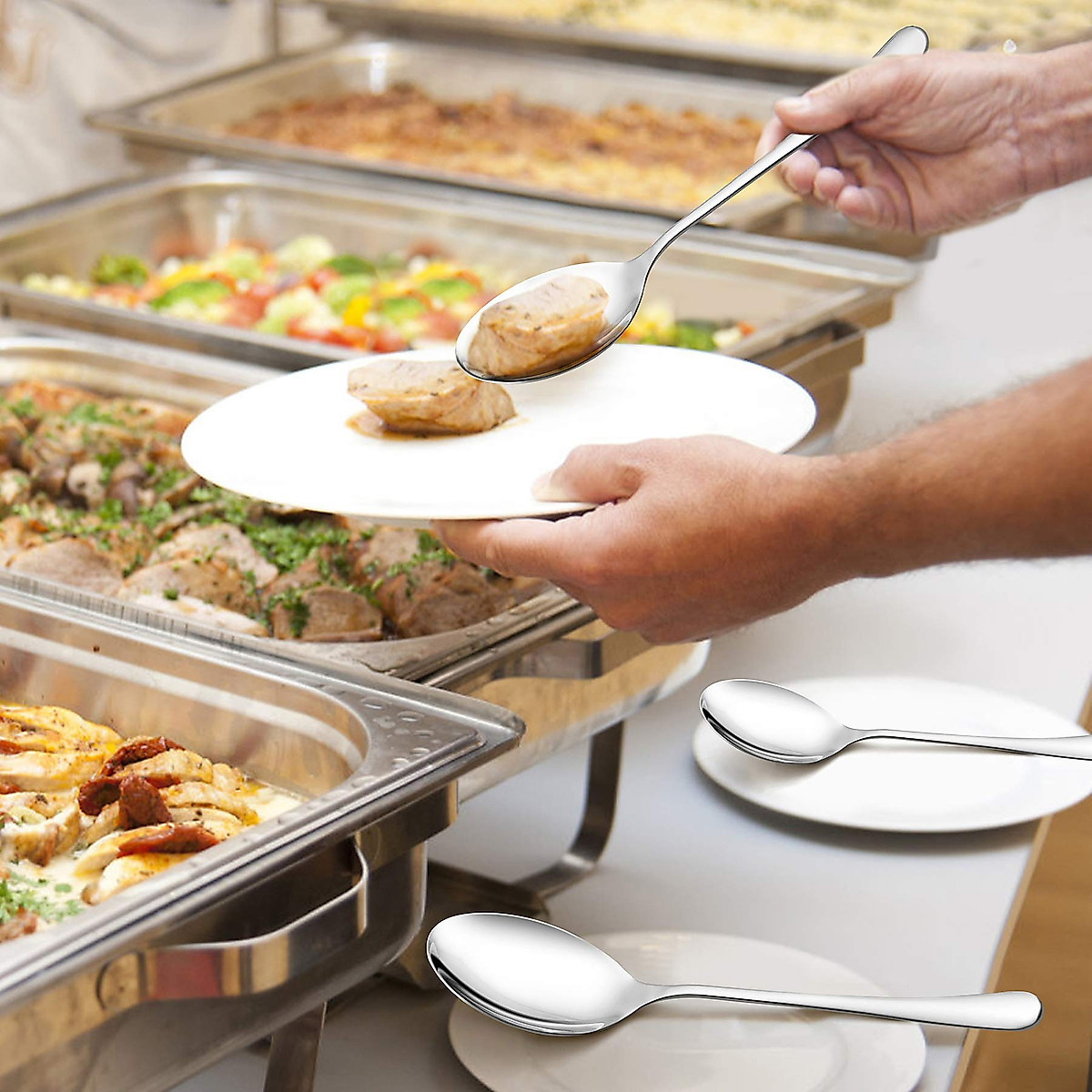 LIANYU Serving Spoon Set of 6, 9.8 Inch Stainless Steel Large Dinner Buffet Catering Banquet Serving Spoons, Mirror Finish, Dishwasher Safe