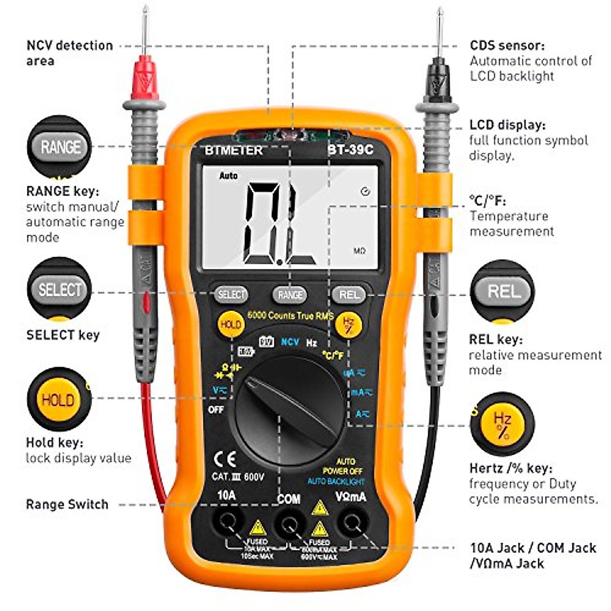 BTMETER BT-39C True RMS Digital Multimeter Auto Ranging for AC DC Voltage,Current, Resistance, Capacitance Tester with Temp Battery LED Test Auto Backlit