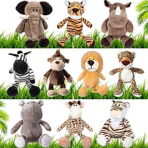 HyDren 10 Pcs Safari Stuffed Animals Plush Jungle Animal Toys for Girls Boys, Elephant Giraffe Lion Tiger Monkey Rhinoceros Zebra White Tiger Leopard Hippo for School Classroom Achievement Award