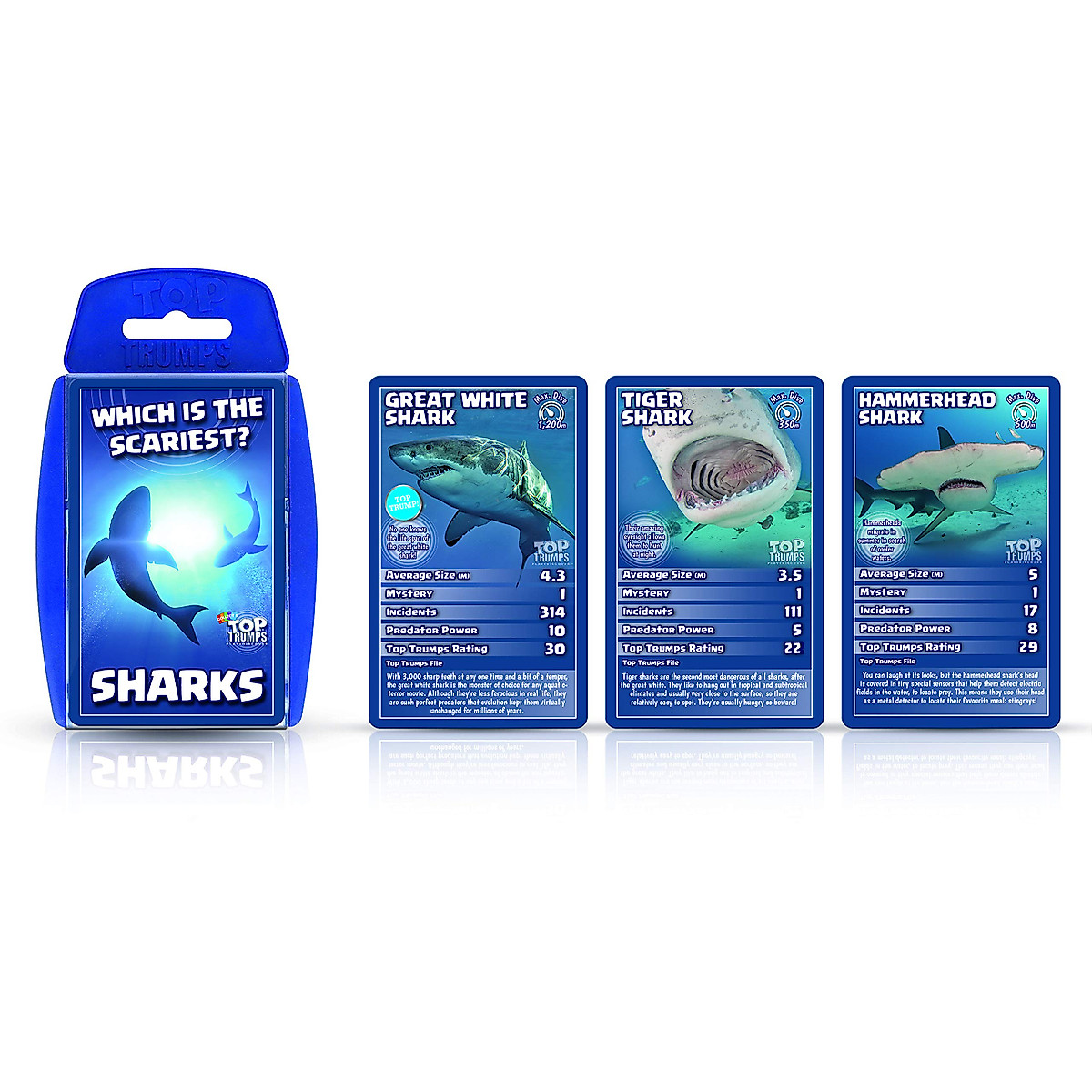 Top Trumps Sharks Classics Card Game, learn about Great White Sharks, Tiger Sharks and Hammerheads in this educational pack, gift and toy for boys and girls aged 6 plus