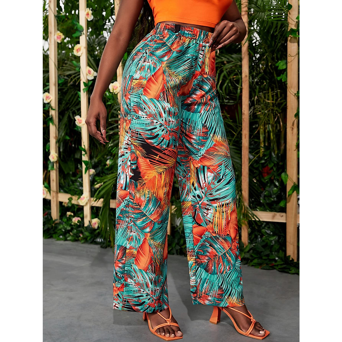 WDIRARA Women's Tropical Print High Elastic Waisted Wide Leg Loose Pants Trousers Multicolored S