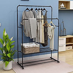 Ustamio Clothes Rack with Double Rods & Double Bottom Shelves, Simple Houseware Metal Portable Clothing Hanging Garment Rack 43.3'' Inches for hanging dresses, suits and shirts, Chrome (Black)