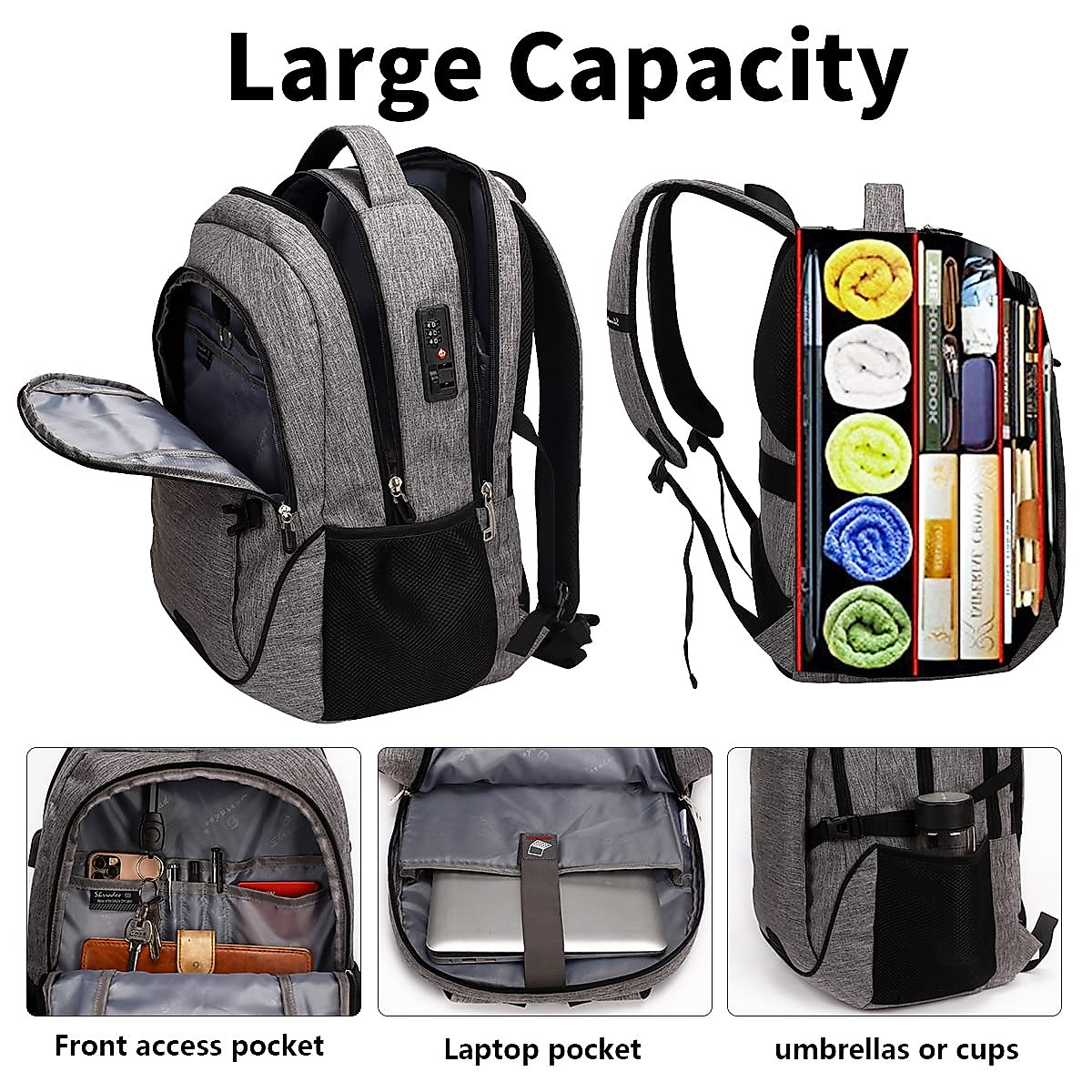 SHRRADOO Anti Theft Laptop Backpack Travel Backpacks Bookbag with usb Charging Port for Women & Men School College Students Backpack Fits 15.6 Inch Laptop Grey