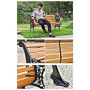 ManiCrown Patio Garden Bench，Outdoor Preservative Wood Park Bench Porch Bench Chair with Rust Resistant Cast Iron Frame,Porch Bench with backrest and armrests Slatted Seat, for Lawn/Poolside