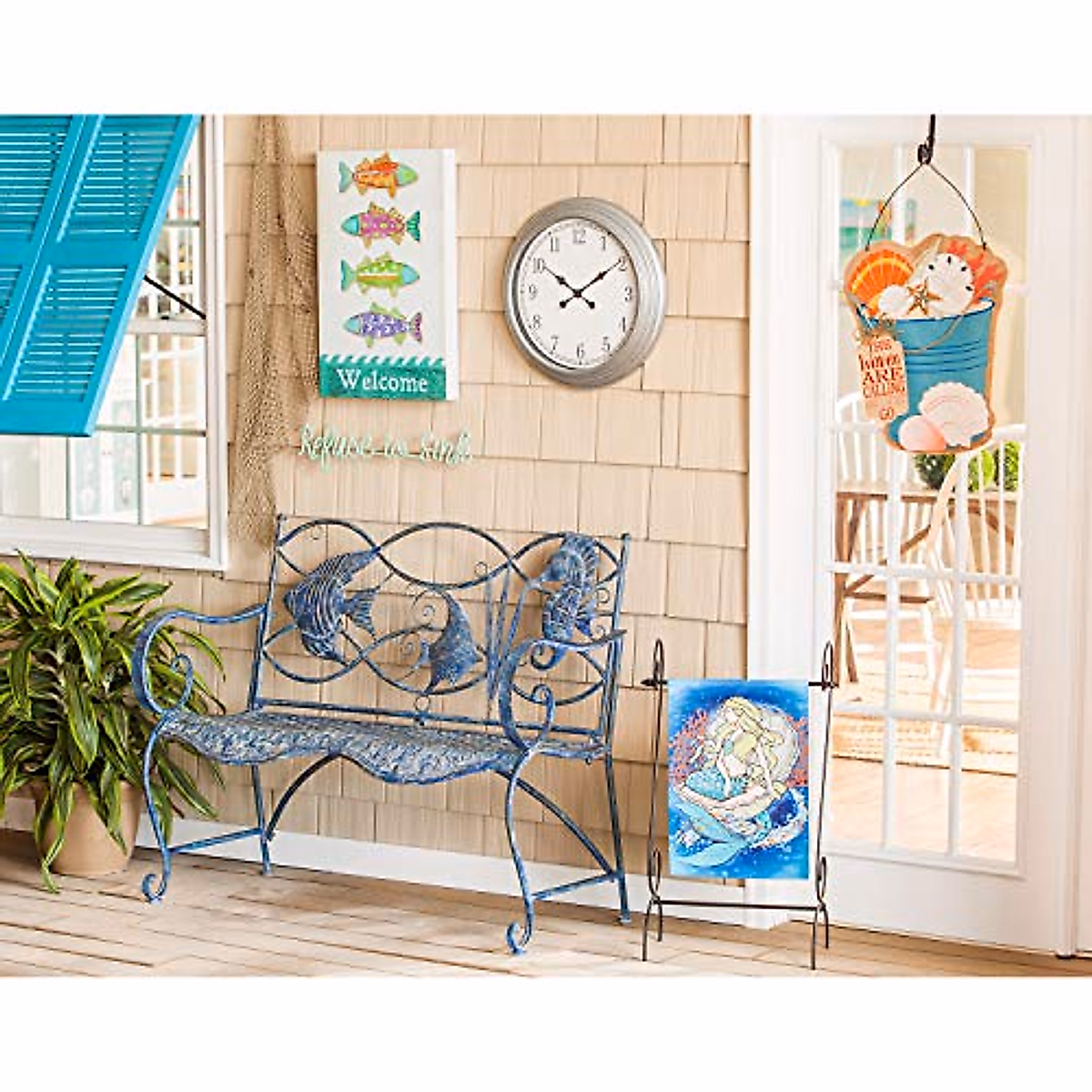 Cape Craftsmen Evergreen Weatherproof Blue Fish Coastal Outdoor Bench | Holds Up to 440 lbs | Furniture for Lawn Garden Patio Porch Park Deck | Coastal Nautical Beach Décor | Steel | Blue