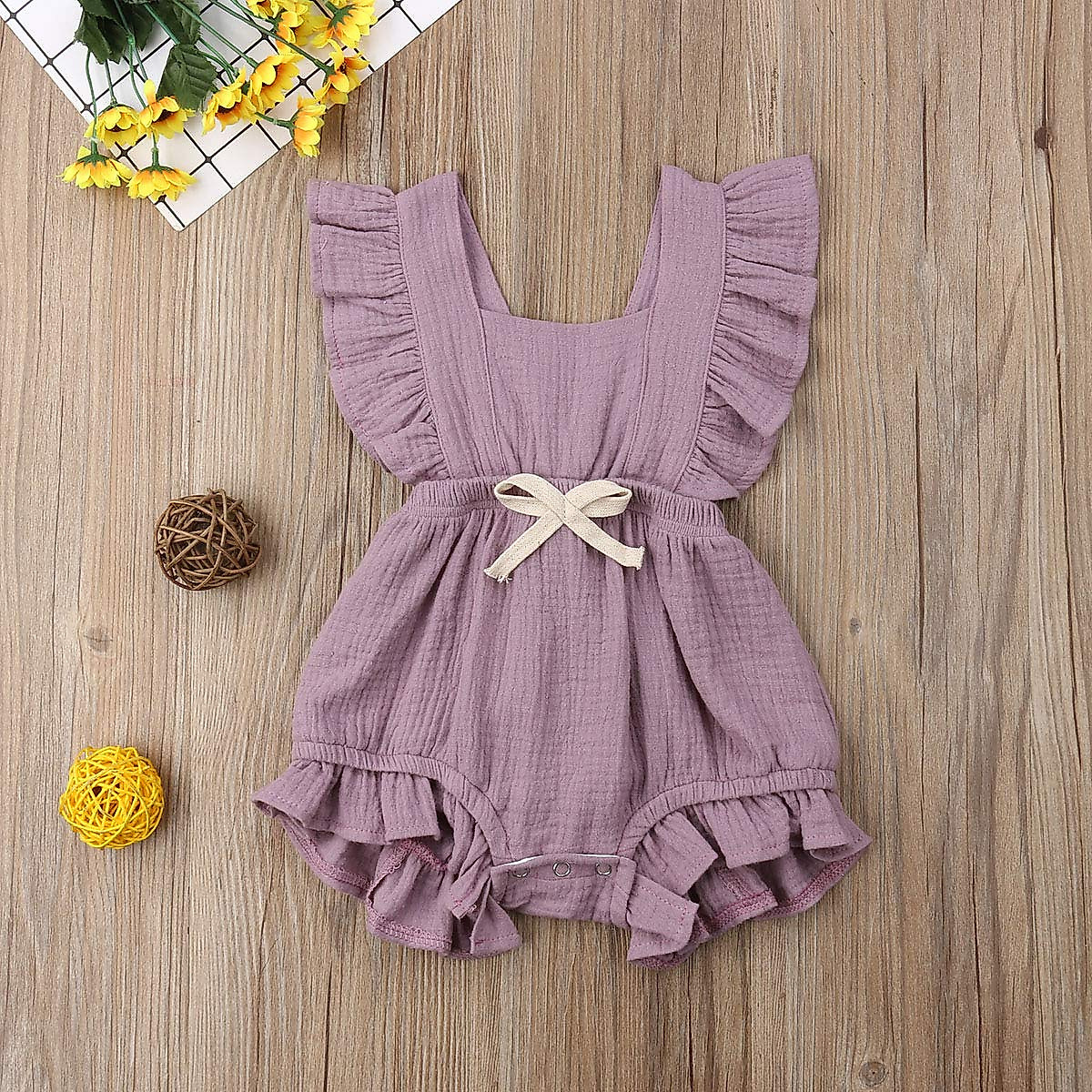 VISGOGO Toddler Baby Girl Ruffled Rompers Sleeveless Cotton Romper Bodysuit Jumpsuit Clothes (6-12 Months, Purple)
