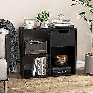 GOFLAME 3 Cube Bookcase with Drawer, Modern Simple Bookshelf Display Rack with 2-Tier Open Shelves, Multifunctional Cube Storage Shelves for Living Room, Bedroom, Black