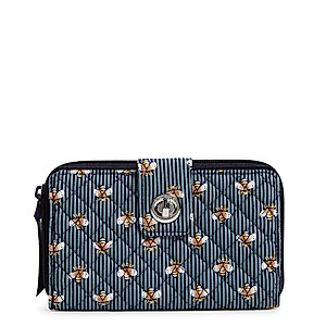 Vera Bradley Women's Cotton Turnlock Wallet With RFID Protection, Bees Navy - Recycled Cotton, One Size