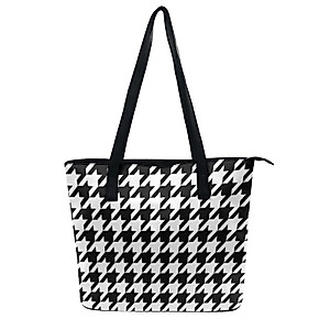 Women's Fashion PU Leather Shoulder Bags Lightweight Water Resistant Durable Large Capacity Tote Purse Work Travel Weekend Handbag (Abstract Modern Striped Houndstooth And Watercolor Effect Black)