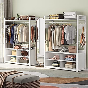 Tribesigns Free-standing Closet Clothing Rack, Metal Closet Organizer System with Shelves and Hooks, Heavy Duty Clothes Garment Rack Shelving for Bedroom, Laundry, Mushroom, Walk-in Closet (WHITE)
