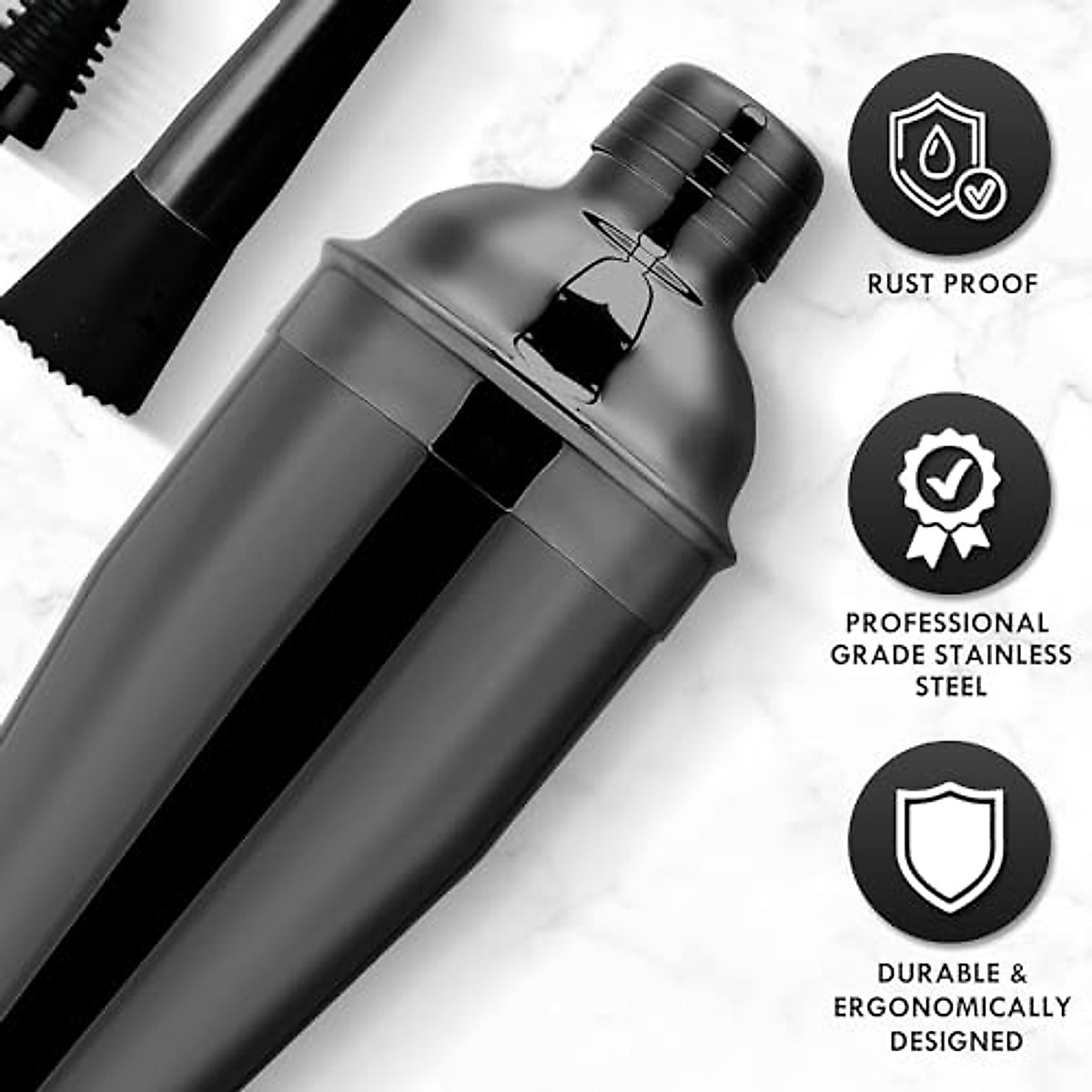 Black Stainless Steel Cocktail Shaker Set with Wood Stand - 15 Piece Bartender Kit with Drink Shaker, Bar Spoon, Jigger, Muddler, Strainer, Bottle Opener, Stopper, Pour Spout, Stirrers, Tongs, Recipes