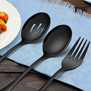Homikit Stainless Steel 2 Black Serving Spoons, 2 Black Slotted Serving Spoons, 2 Black Serving Forks, Metal Buffet Party Banquet Restaurant Catering Serving Utensils, Mirror Polish, Dishwasher Safe