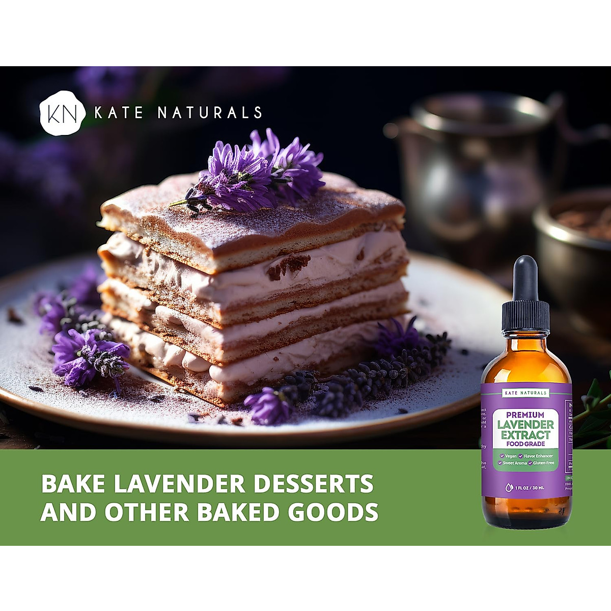 Kate Naturals Lavender Extract for Baking, Drinks, Coffee, Lattes. Food Grade Lavender Oil for Flavoring & Cooking (1oz, Sugar Free)