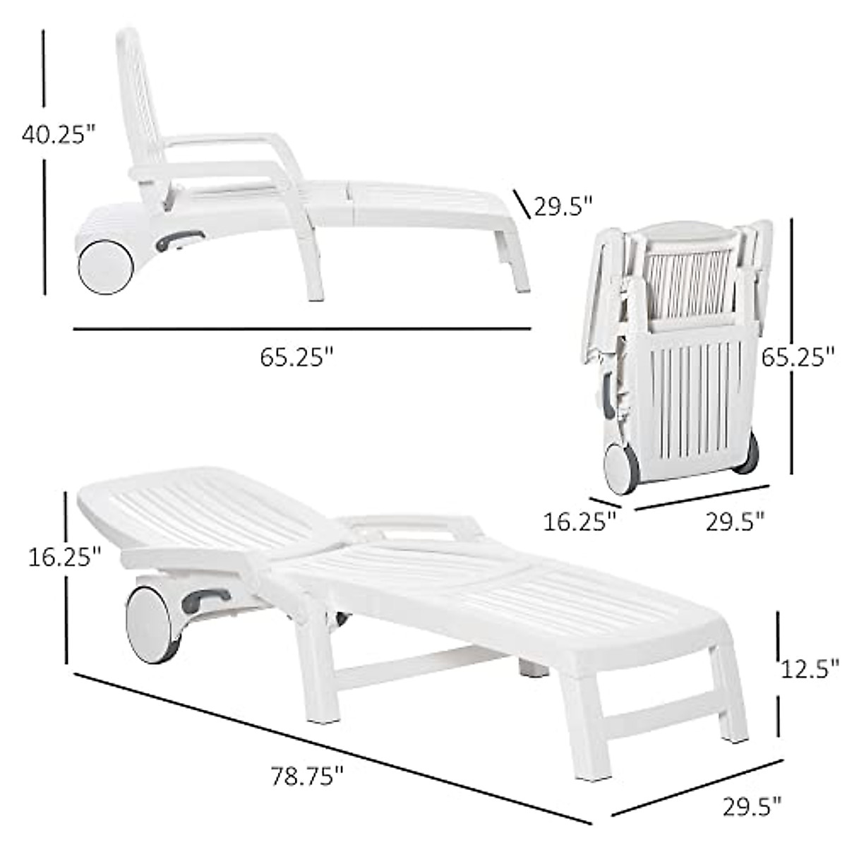 Outsunny Folding Chaise Lounge Chair on Wheels with Storage Box, Lightweight Plastic Sun Recliner with 5 Position Backrest for Beach & Pool, White