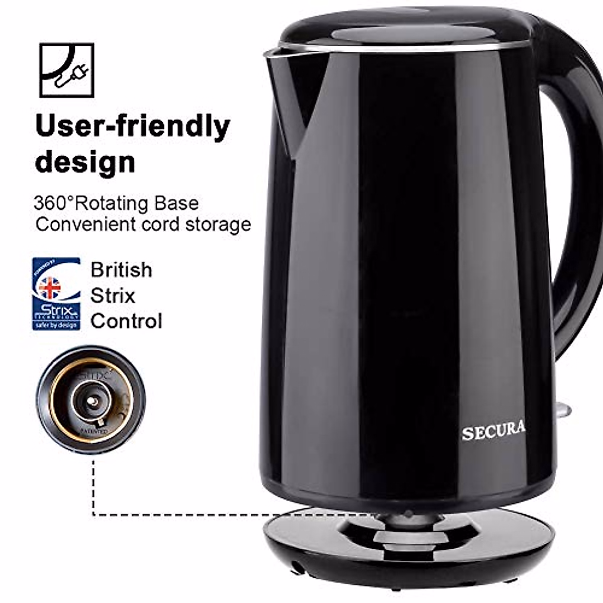 Secura SWK-1701DB The Original Stainless Steel Double Wall Electric Water Kettle 1.8 Quart, Black Onyx