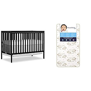 Dream On Me Synergy 5-in-1 Convertible Crib in Black & 2-in-1 Breathable Twilight 5" Spring Coil Crib and Toddler Bed Mattress