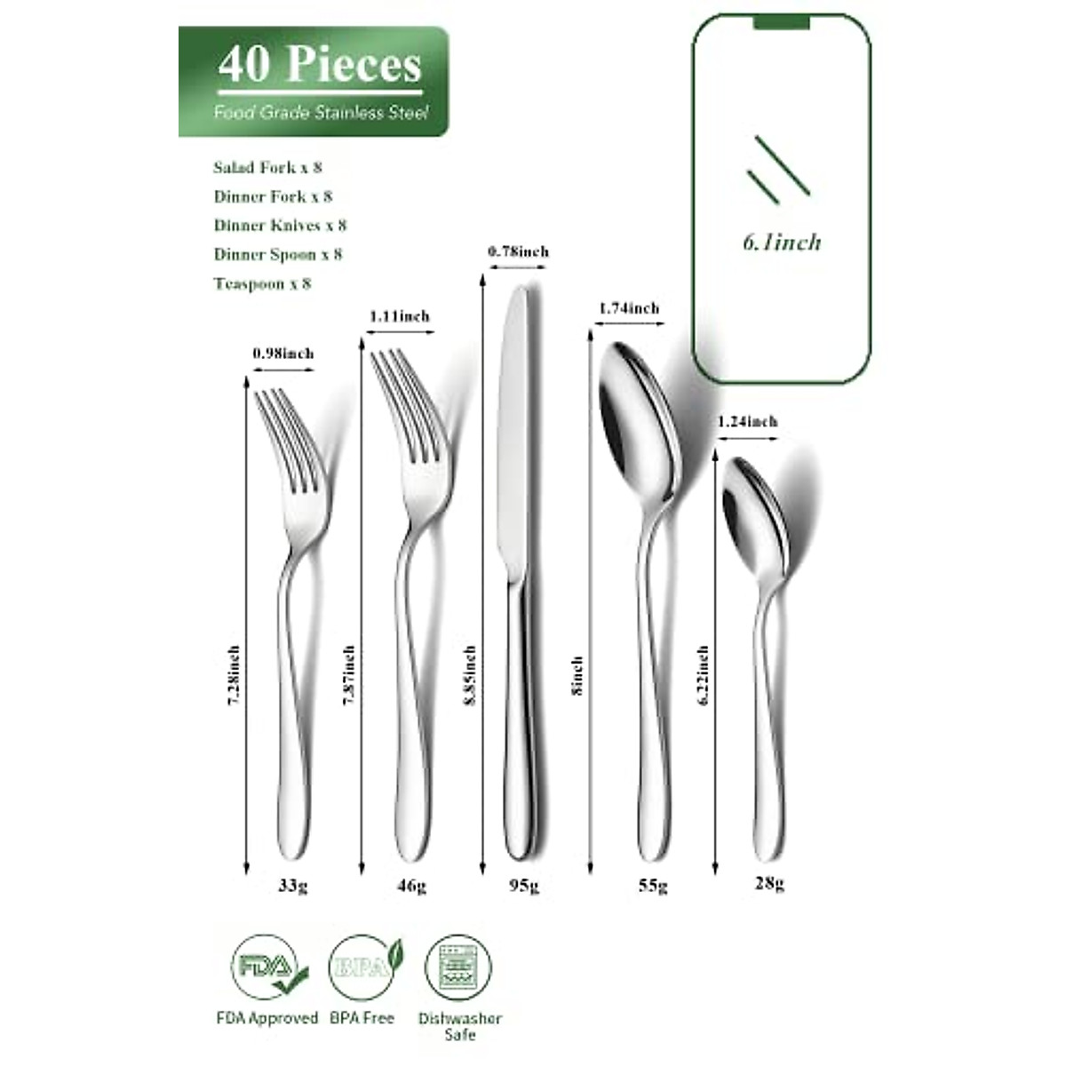 EIUBUIE 40 Piece Silverware Set for 8, Stainless Steel Flatware Set, Cutlery Set with Mirror Finish, Dishwasher Safe, Modern Kitchen Forks, Spoons, Knives, Eating Utensil Set