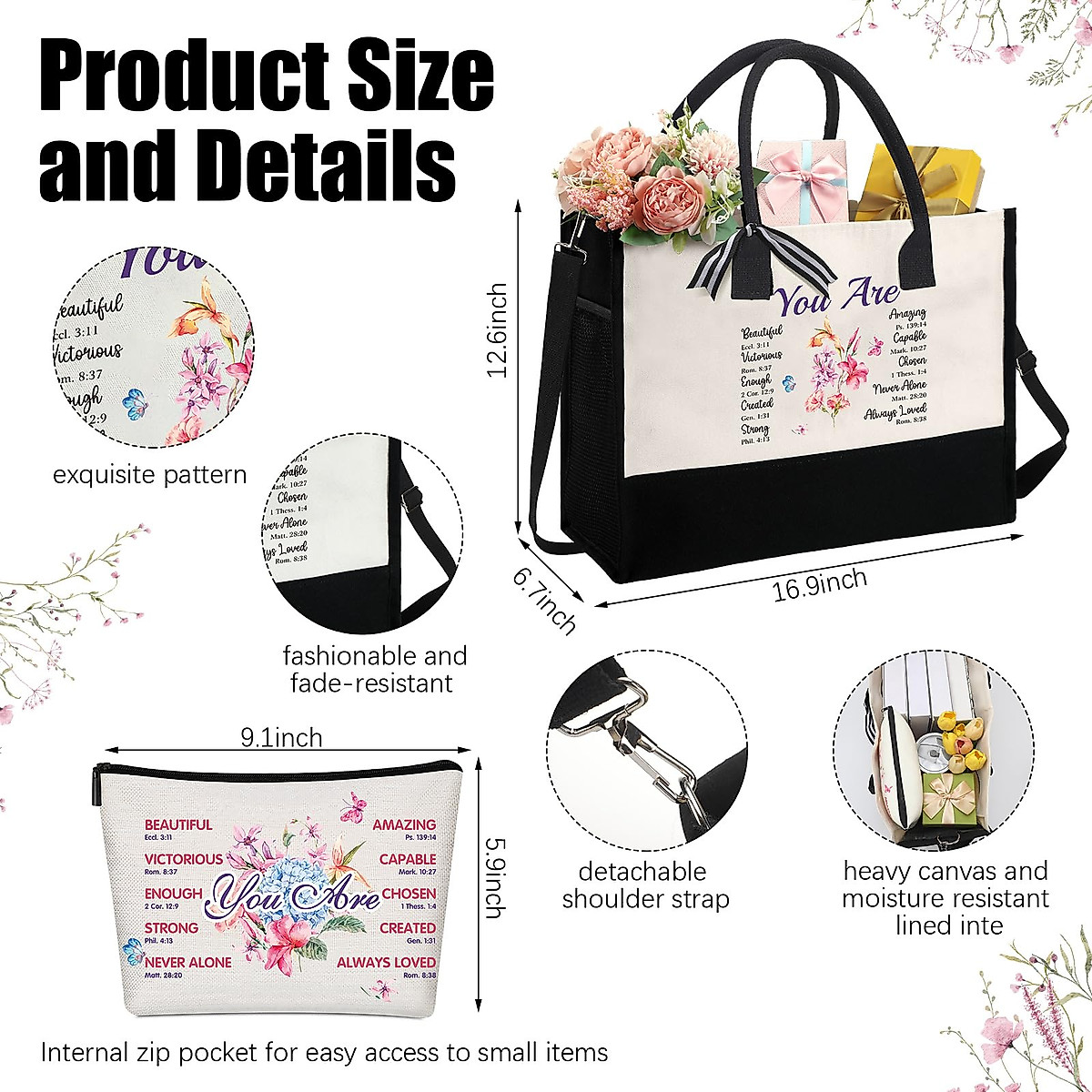 Aliceset 4 Pcs Mothers Day Christian Gifts for Women Include Inspiration Religious Tote Bag 20 oz Stainless Steel Tumbler Bible Verse Keychain Catholic Makeup Bag Birthday Gifts for Women(Floral)