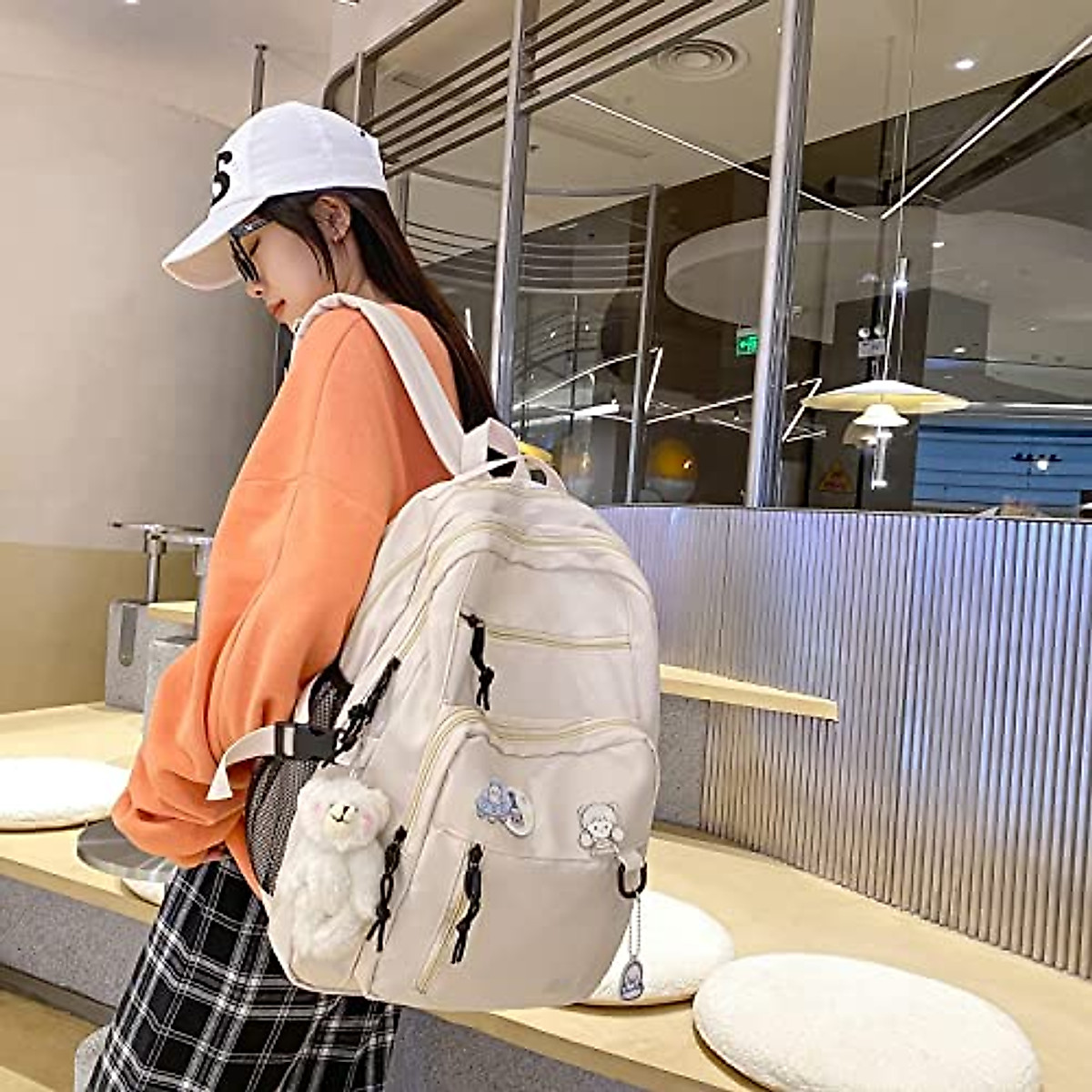 Sumleno Cute Aesthetic Backpack, Waterproof Nylon Preppy Backpack with Kawaii Pins and Plush Accessories Laptop Backpack (White,One Size)