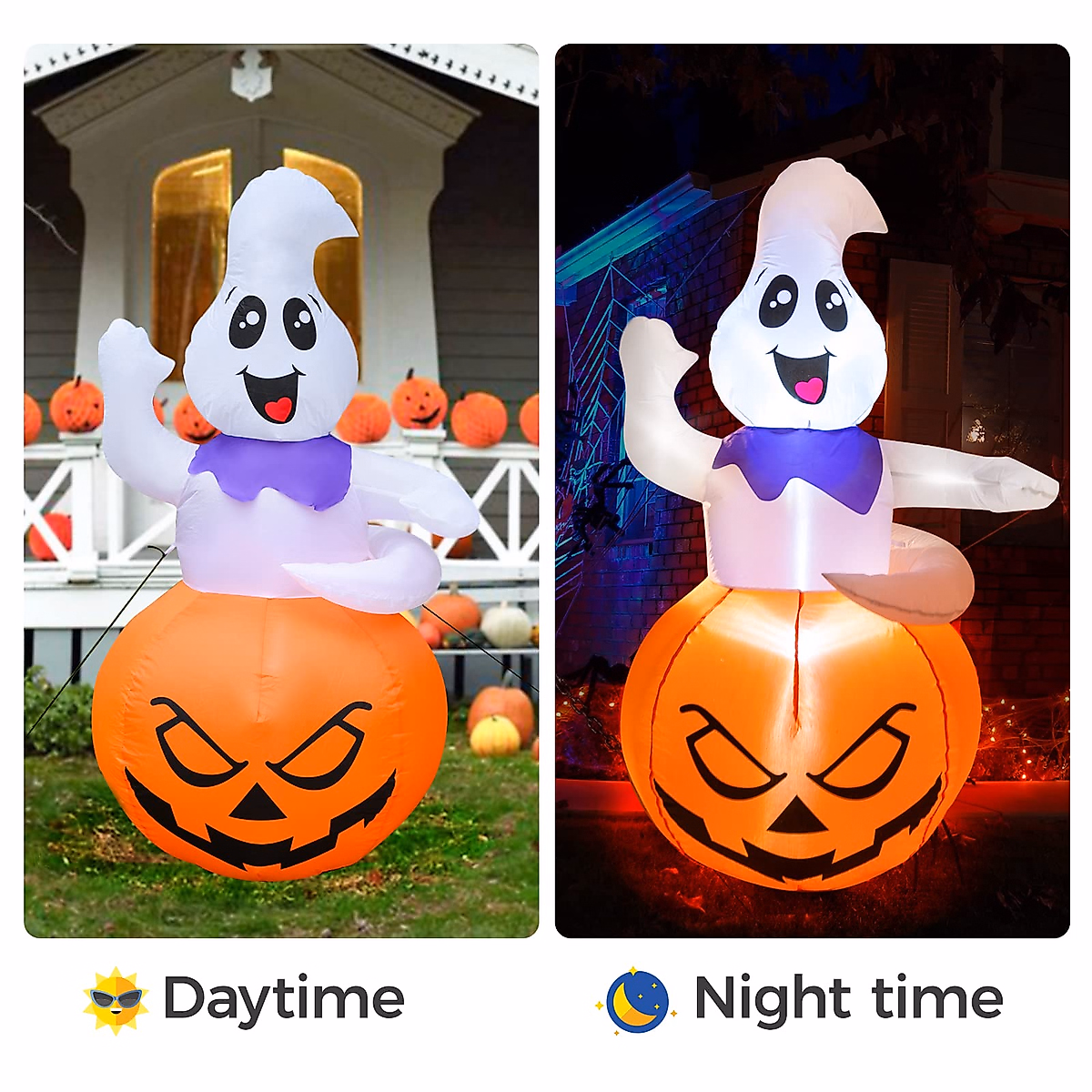 5 FT Halloween Inflatables Outdoor Decorations Ghost Pumpkin Decor with LED Lights and Air Pump Blow up Inflatable Clearance Halloween Decor Outside Garden Lawn Yard House